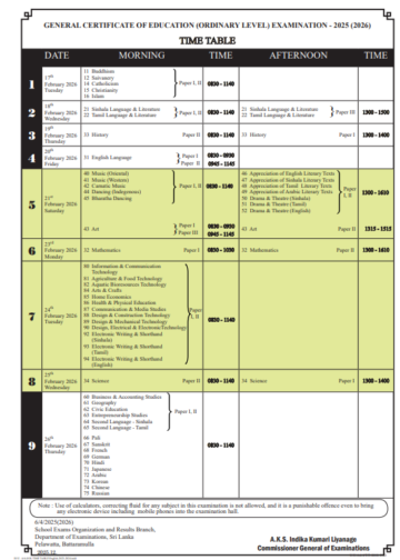 Time Table GCE O/L 2025(2026) - TeachMore: SL Education, Vacancies ...