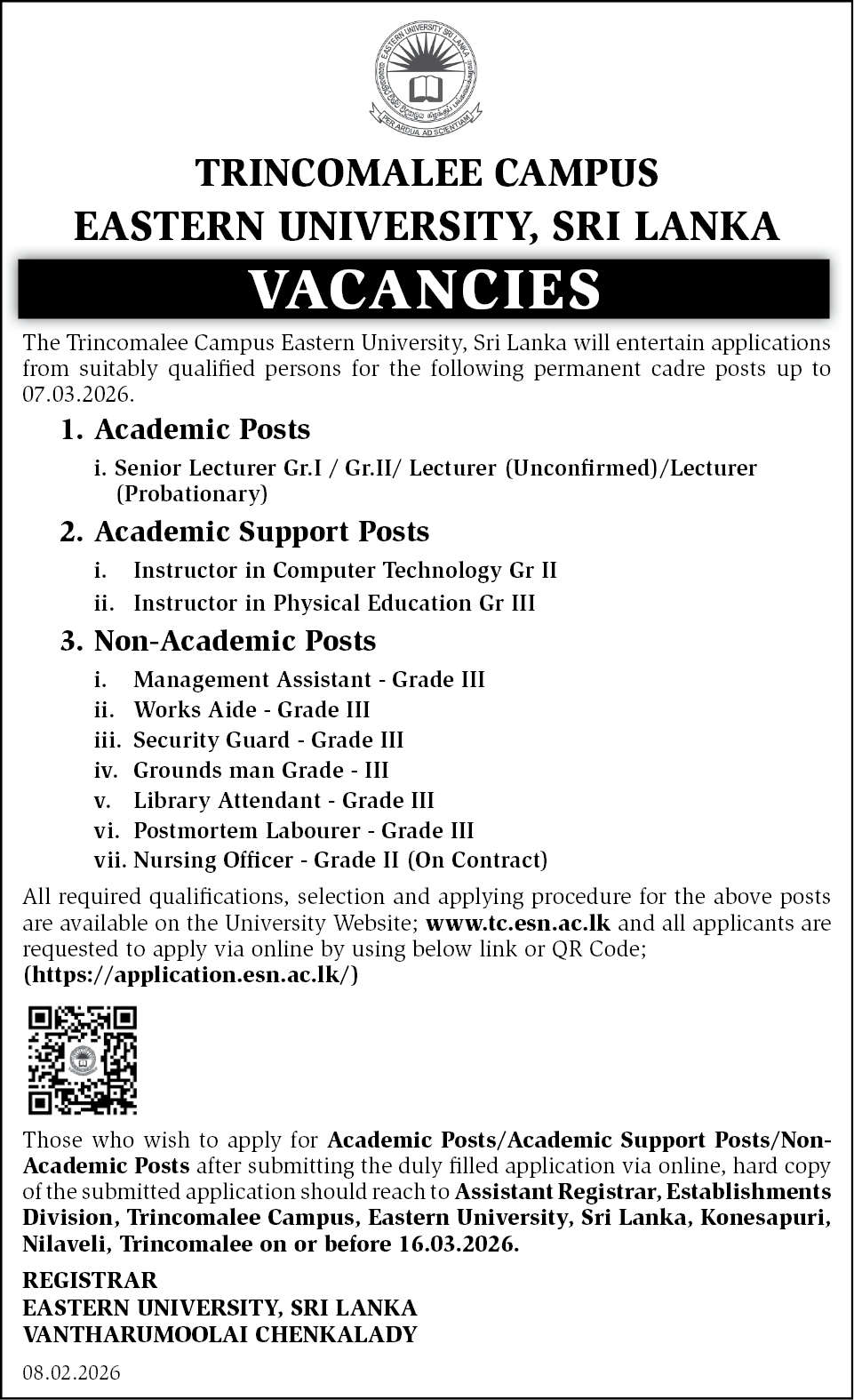Trincomalee Campus Eastern University Vacancies – 2026 - TeachMore: SL ...