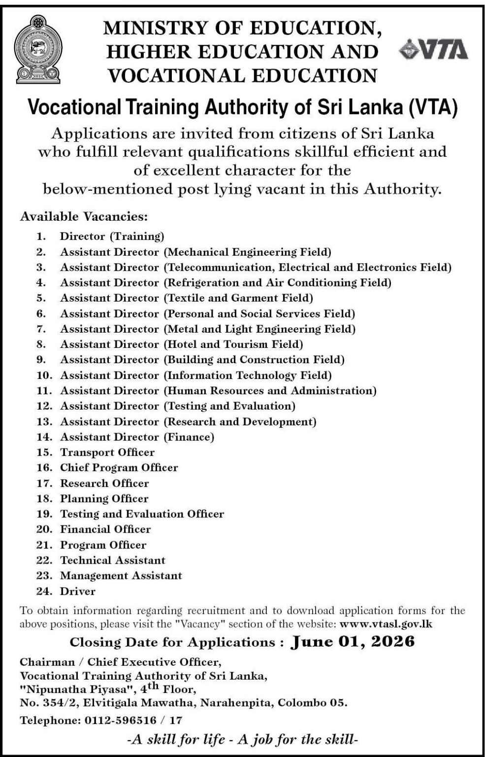 VTA Vacancies 2026 – Vocational Training Authority Sri Lanka Jobs
